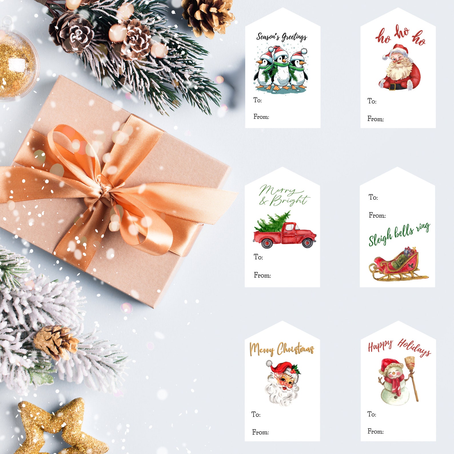Christmas Gift Tags, Printable Gift Tags, Santa, Penguins, Snowman, Red ...
