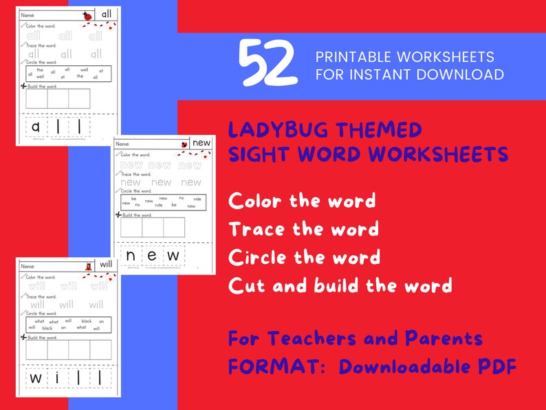 52 Printable Sight Words Worksheets for Pre-k and Kindergarten - Etsy