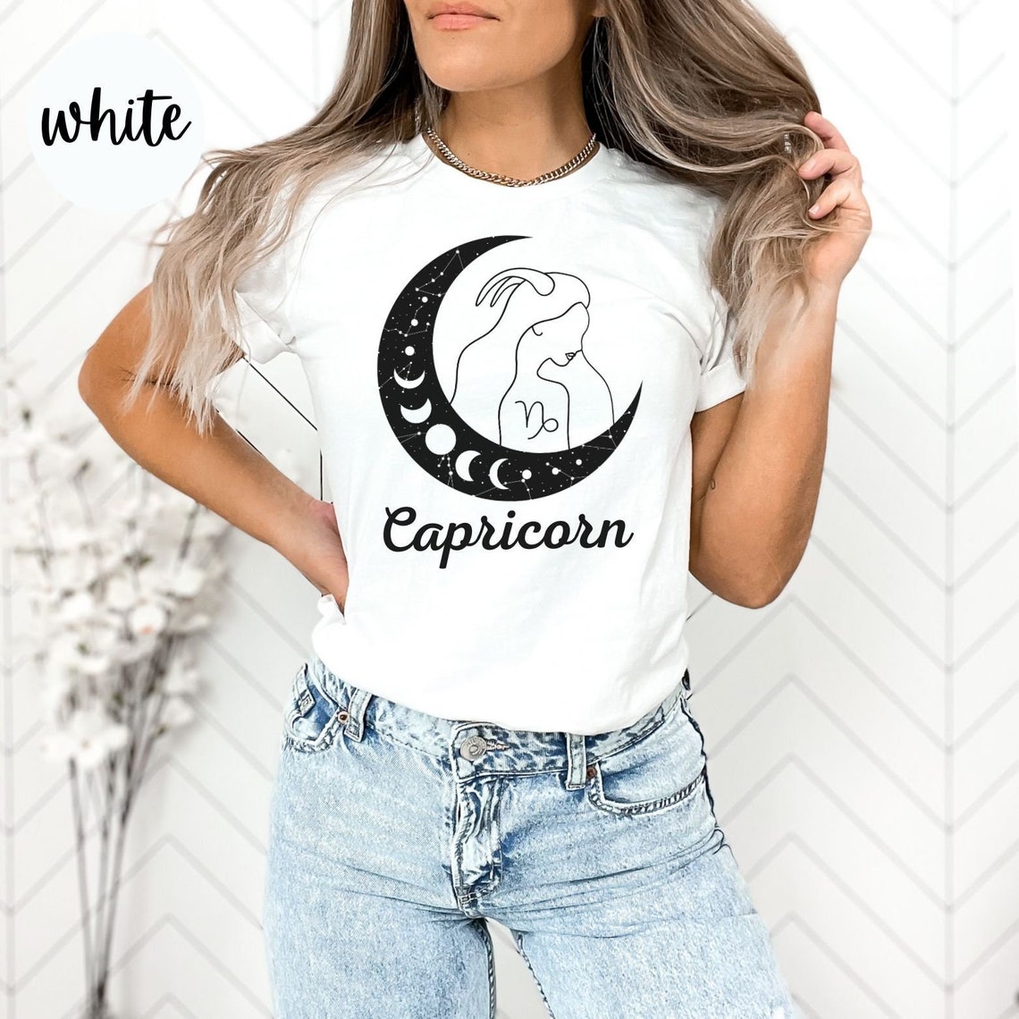 Capricorn Zodiac Sign Shirt, Celestial Crescent Moon Girl, Cute ...