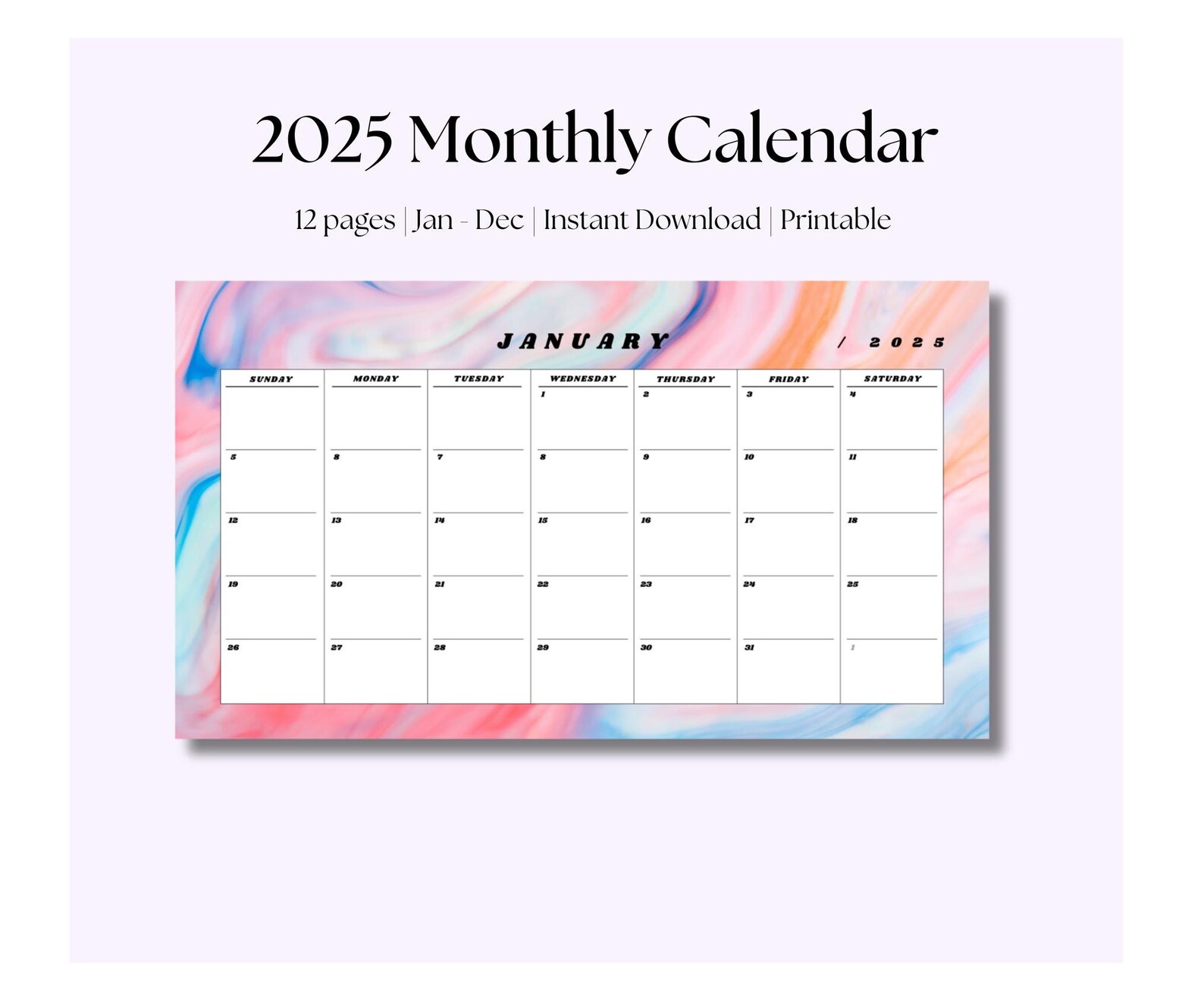 Groovy 2025 Yearly Calendar January Start Printable Editable Calendar ...