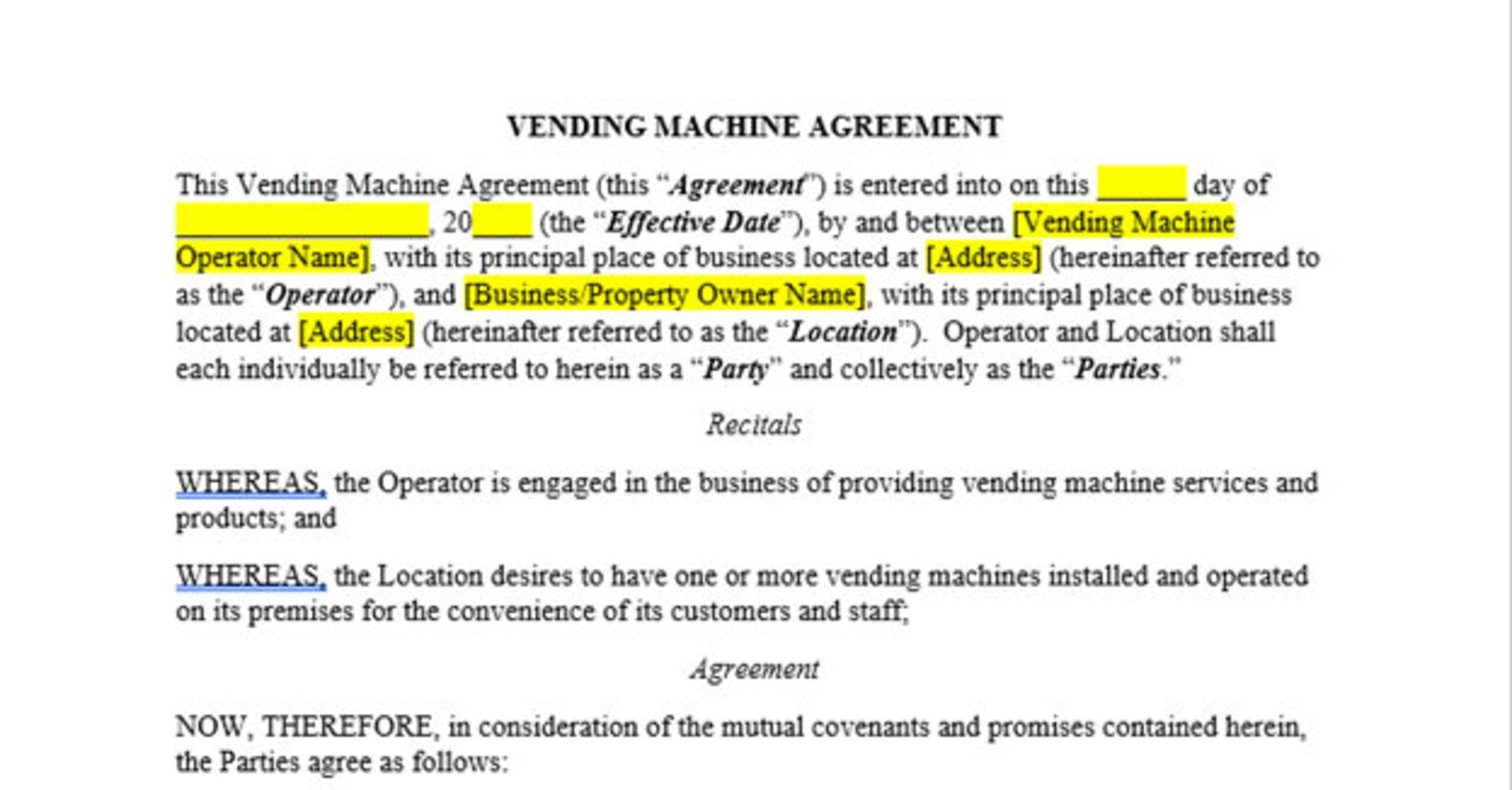 Vending Machine Agreement Template - Etsy