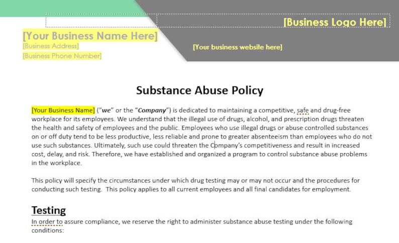 Employee Substance Abuse Policy Template - Etsy
