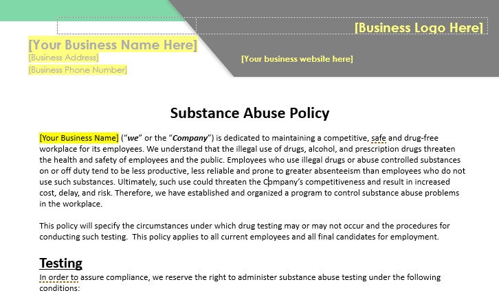 Employee Substance Abuse Policy Template - Etsy