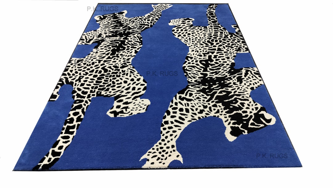 Blue Twin Leopard Rug,hand Tufted Rug.leopard Print Rug.blue Rug,kids ...