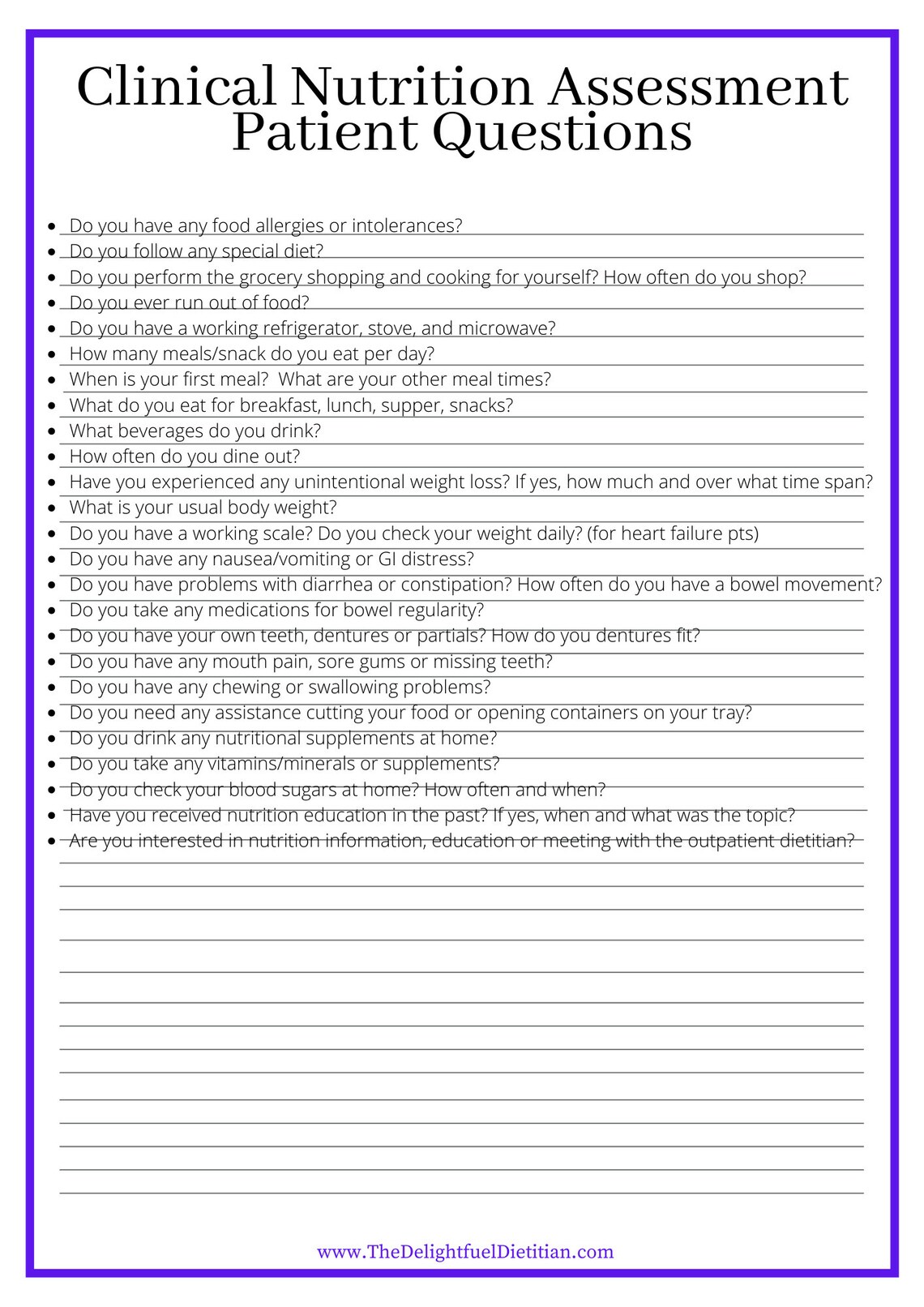 Clinical Nutrition Assessment Form & Assessment Questionnaire - Etsy