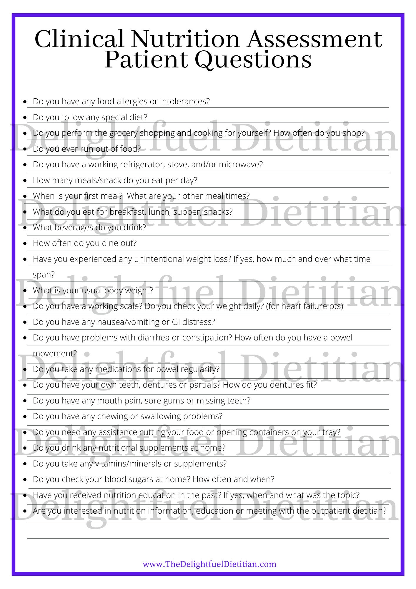 Clinical Nutrition Assessment Form & Assessment Questionnaire - Etsy