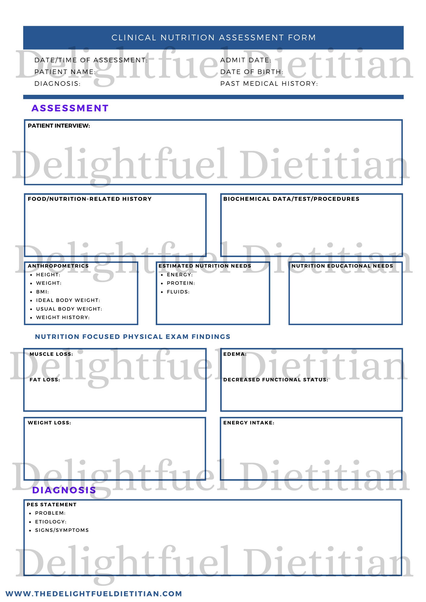 Clinical Nutrition Assessment Form & Assessment Questionnaire - Etsy