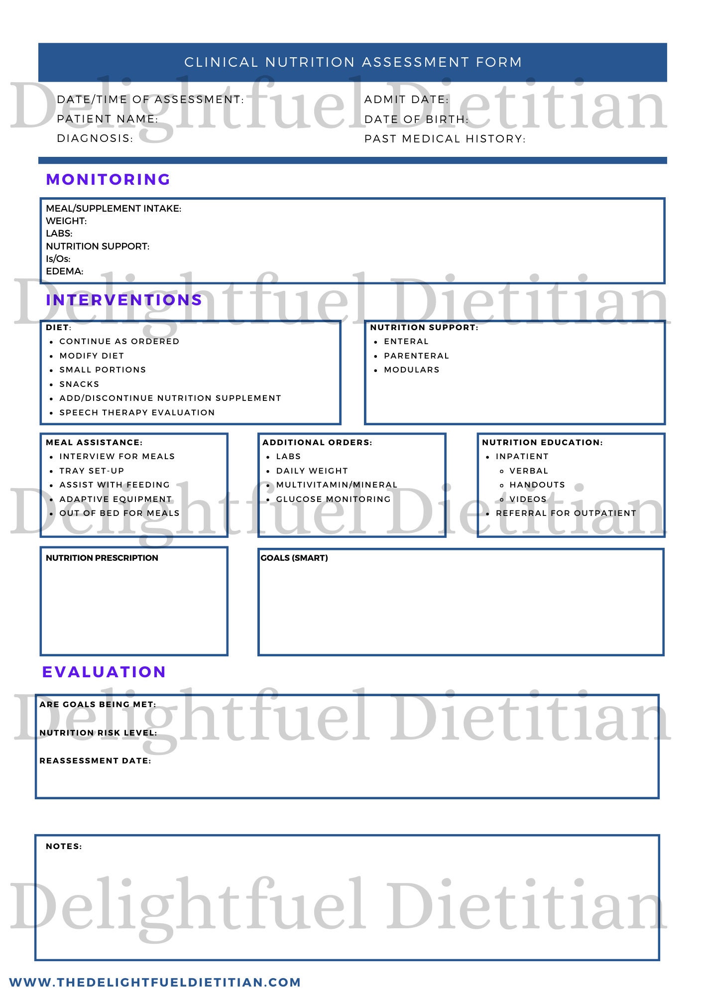 Clinical Nutrition Assessment Form & Assessment Questionnaire - Etsy