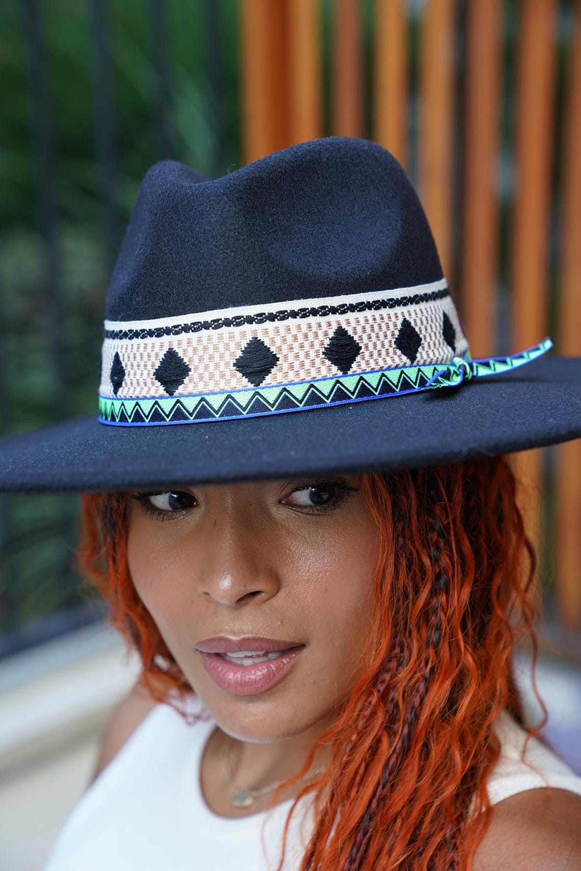 Black Val Diamond Fedora Hat With Band Details, Big Wide Brim Fedora ...