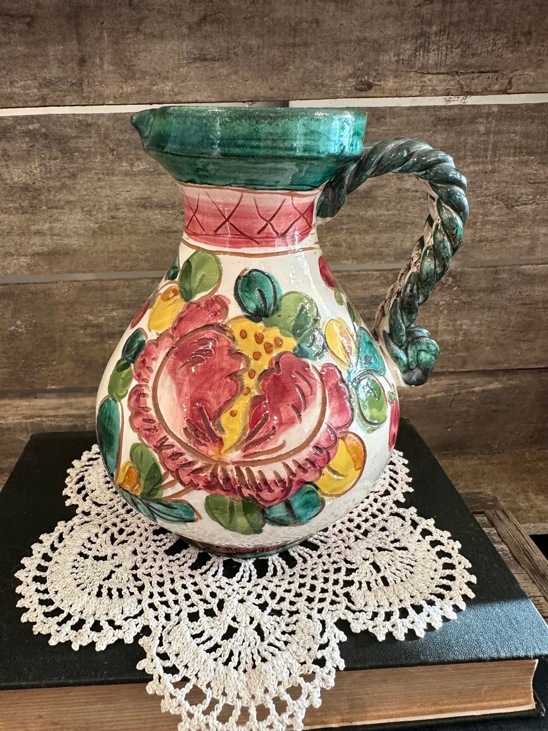 Vintage Italian Handpainted Pitcher With Braided Handle, Italian ...
