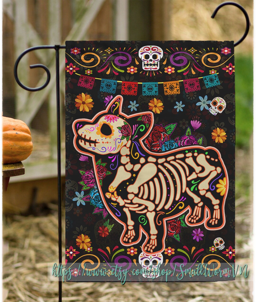 Skull Corgi Halloween Flag, Sugar Skull Mexican Corgi Bone Halloween ...