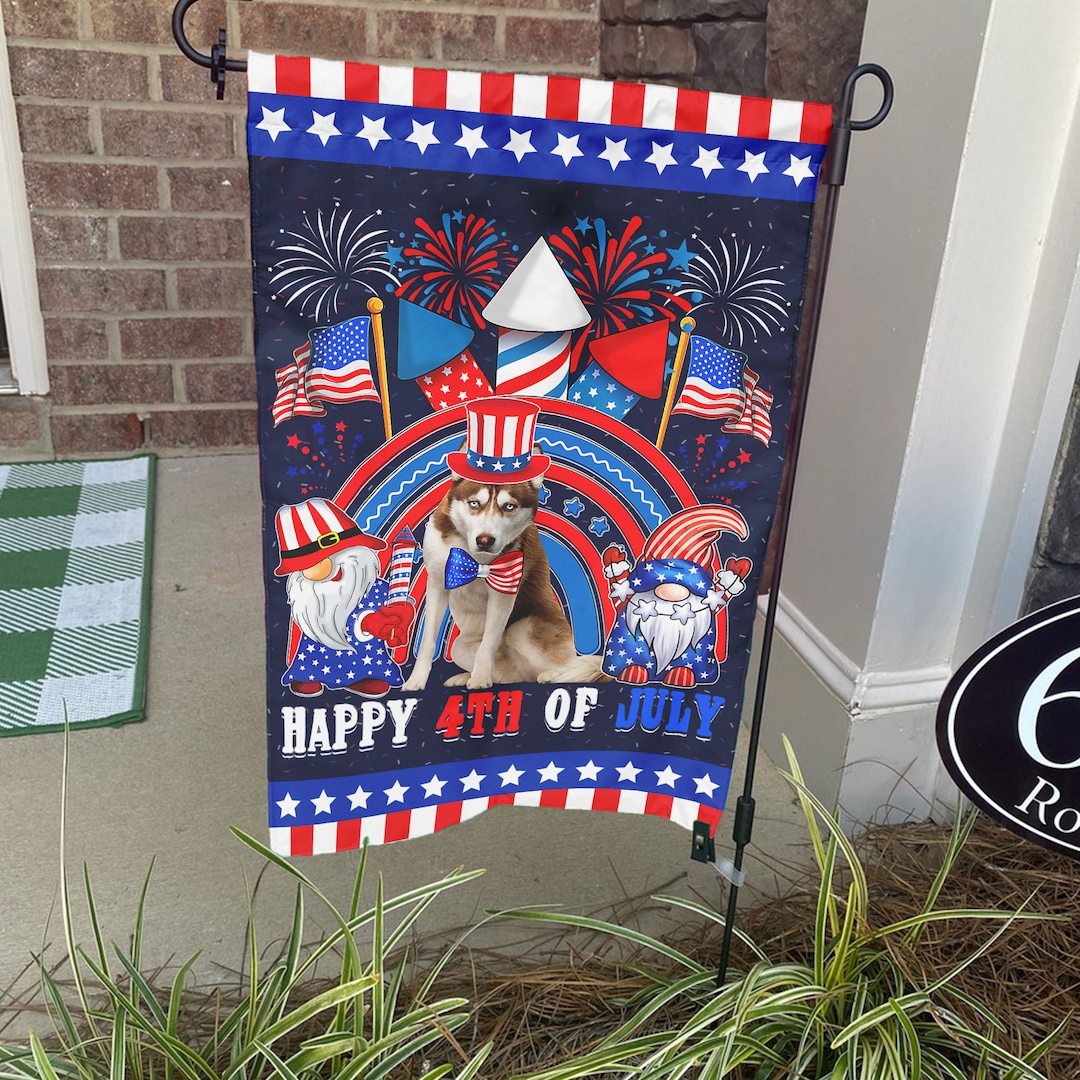 4th of July Fireworks Husky With Gnomes Flag, Dog Lover Gift, Patriotic ...