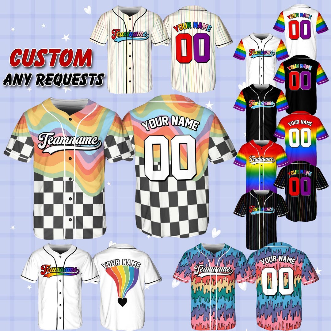 Personalized LGBTQ Team Name and Number Baseball Jersey, Rainbow Pride ...