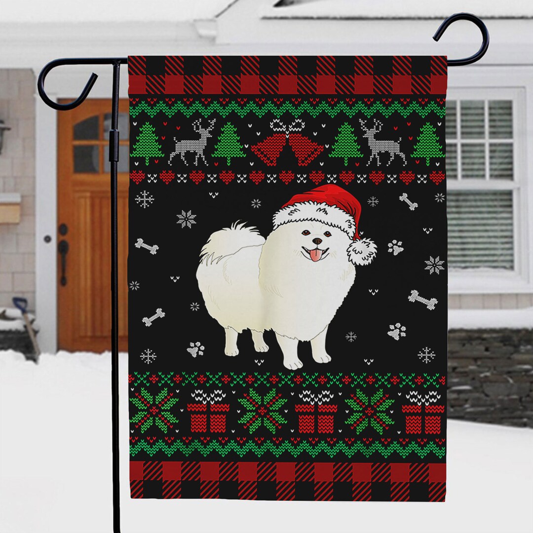 Funny American Eskimo Dog Flag, Dog Santa Hat Christmas Yard Sign ...