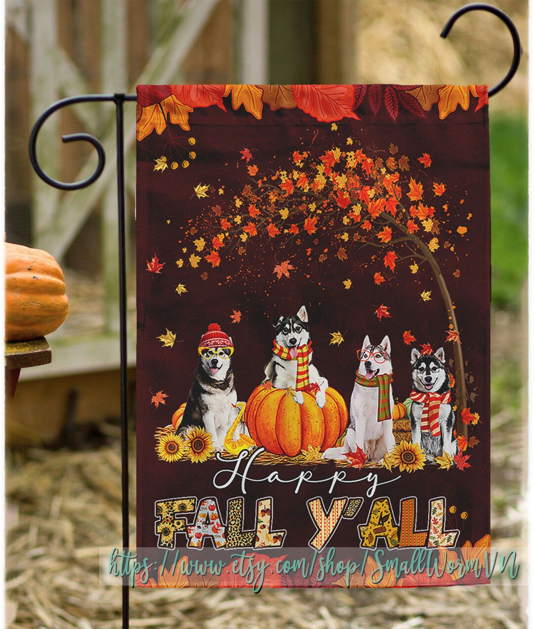 Husky Welcome Fall Flag, Autumn Fall Pumpkin Maple Leaves Husky ...