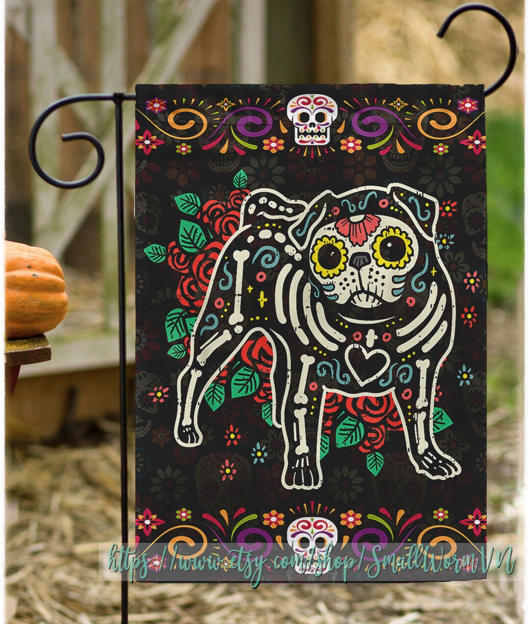 Skull Pug Halloween Flag, Sugar Skull Pug Dia De Los Muertos Halloween ...