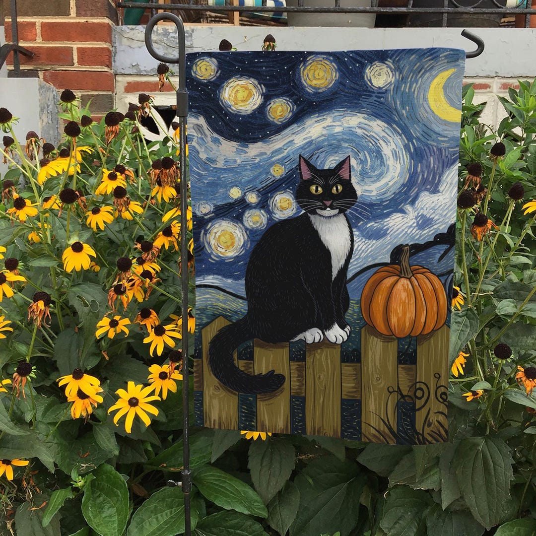 Starry Night Black Cat on Fence Flag, Van Gogh Halloween Decor, Lovers ...