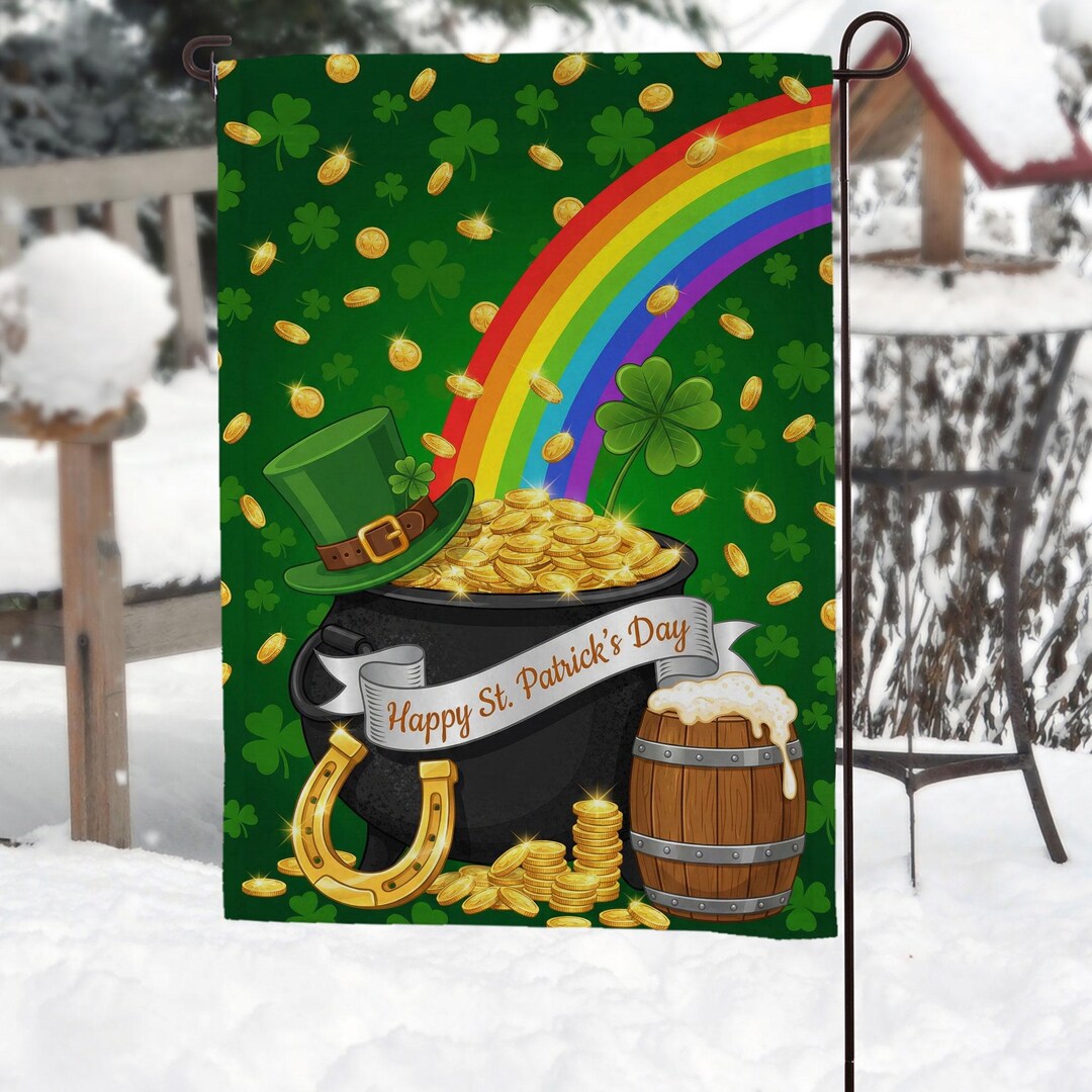 Rainbow Pouring Into Pot of Gold Garden Flag, Magical St Patricks Day ...