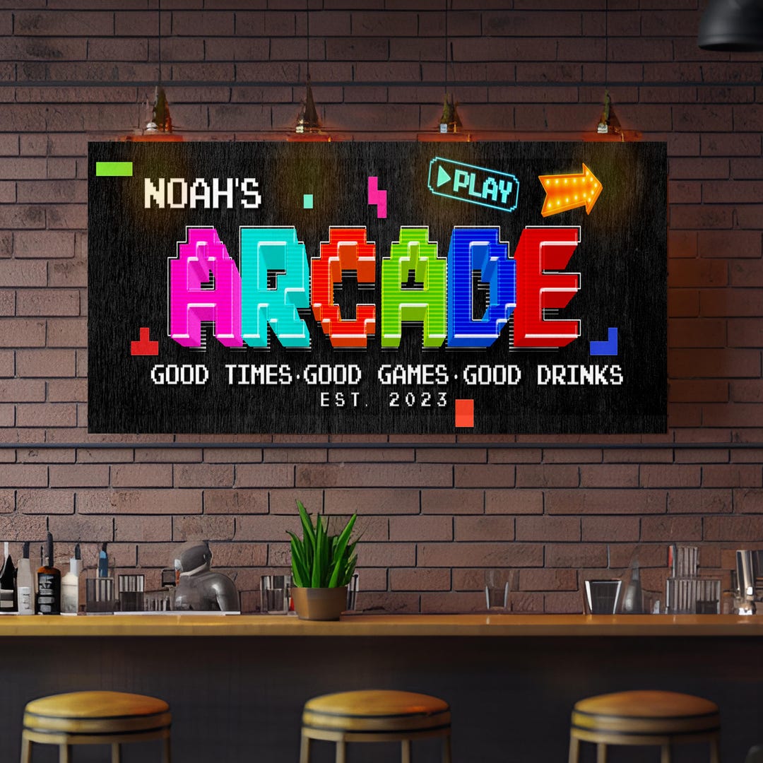 Vintage Arcade Lounge Canvas, Farmhouse Wall Decor, Game Room Sign ...