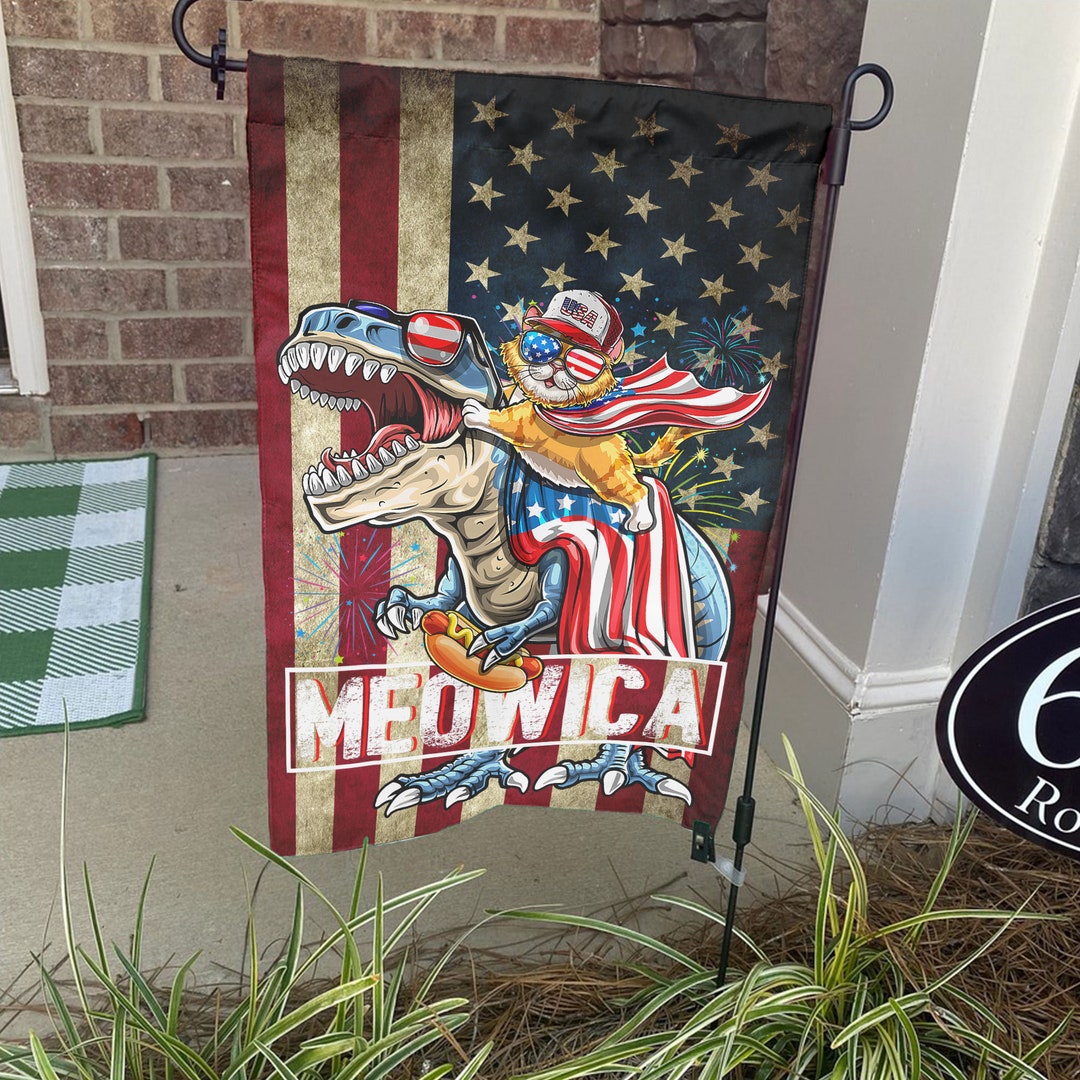 Meowica Cat T Rex Dinosaur Flag, 4th of July American Garden Flag, Cat ... Meowica Cat T Rex Dinosaur Flag, 4th of July American Garden Flag, Cat ...
