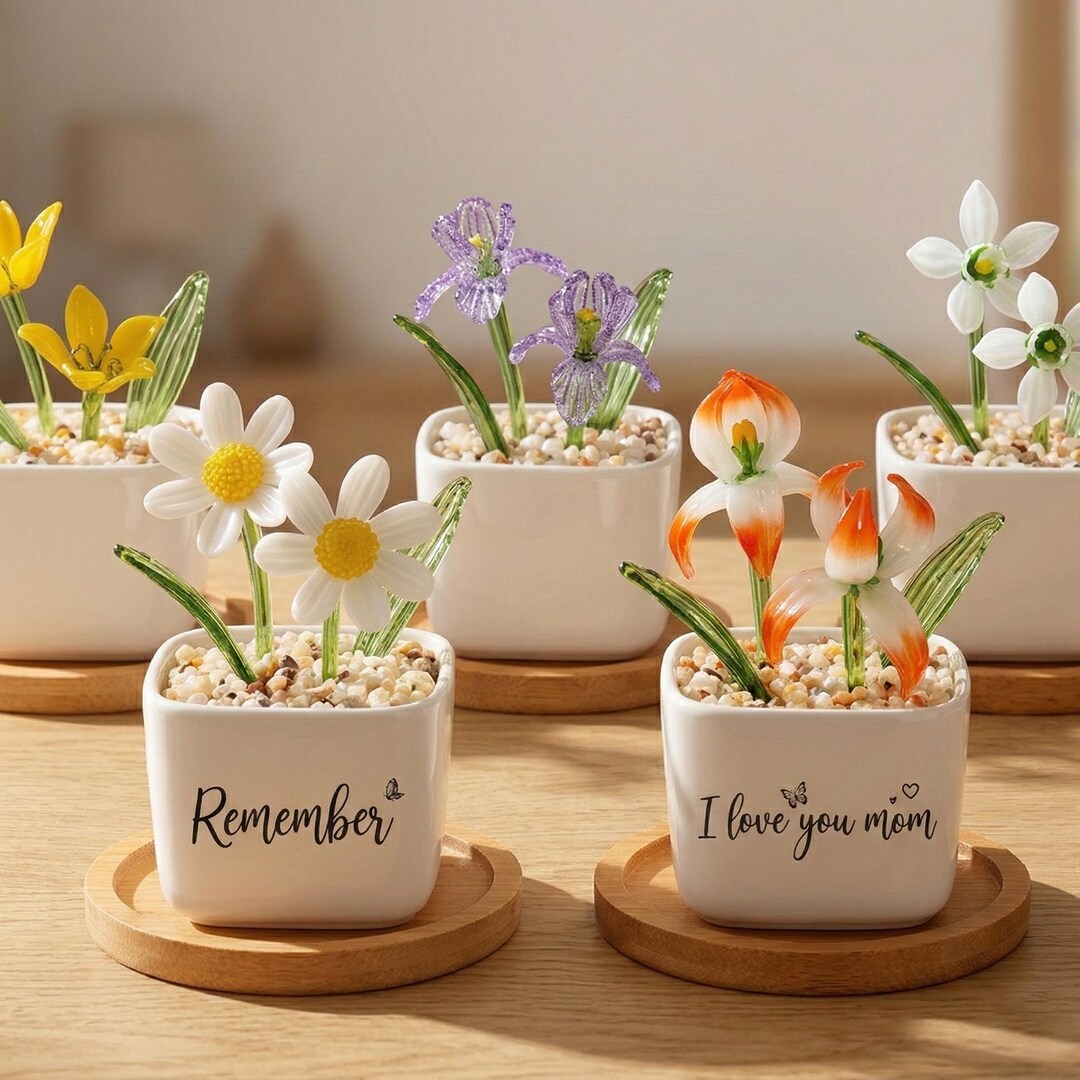 Everlasting Glass Flower Potted, Hand Blown Birth Month Flower, No ...