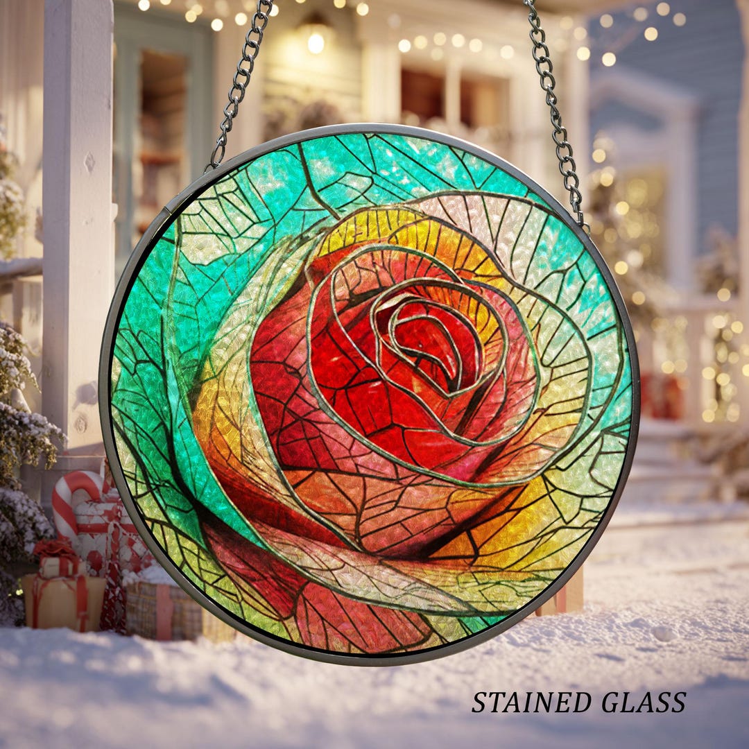 Rose Suncatcher Decor, Red Rose Stained Glass, Christmas Indoor Decor ...