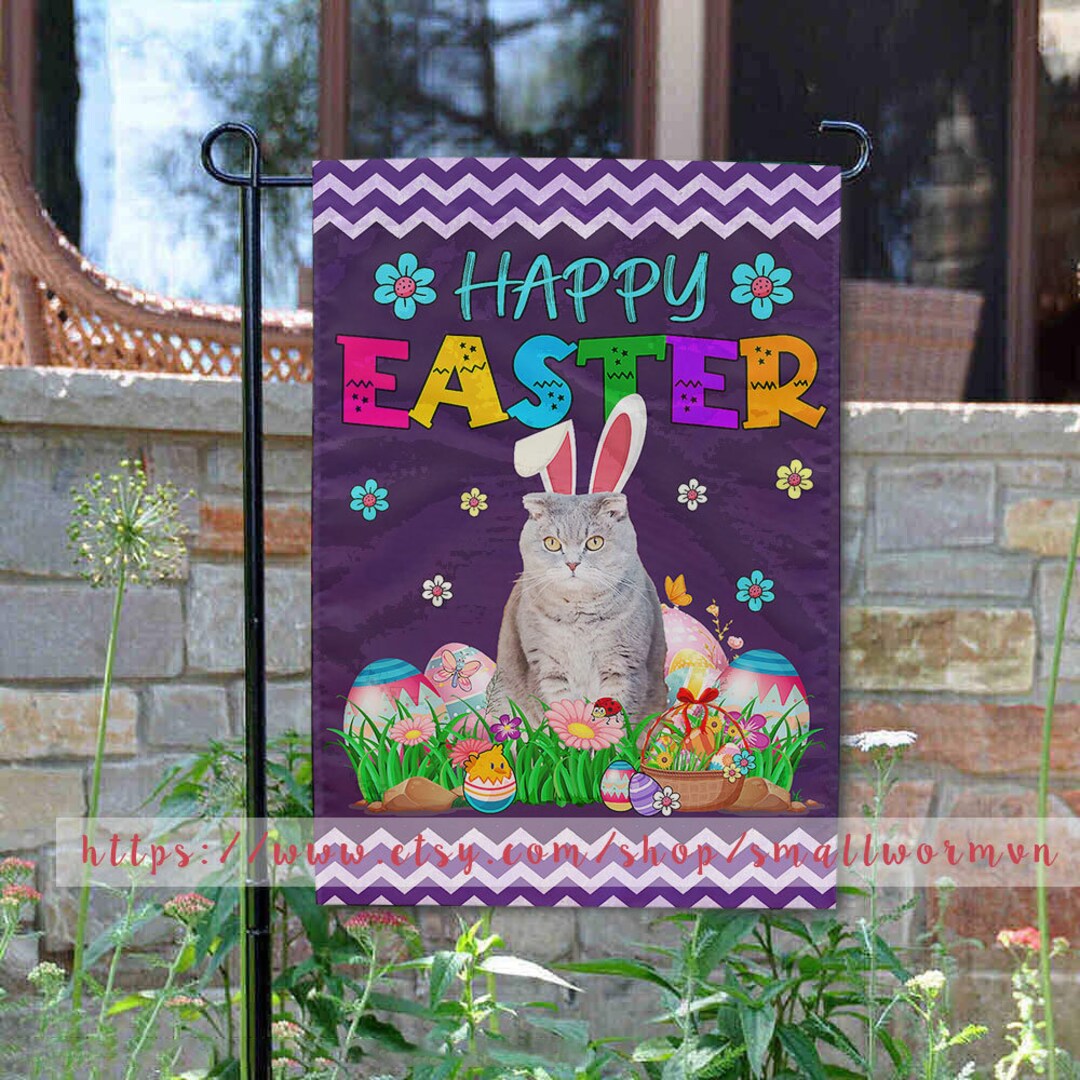 Happy Easter Bunny Scottish Fold Flag, Hunting Eggs Colorful Garden ...