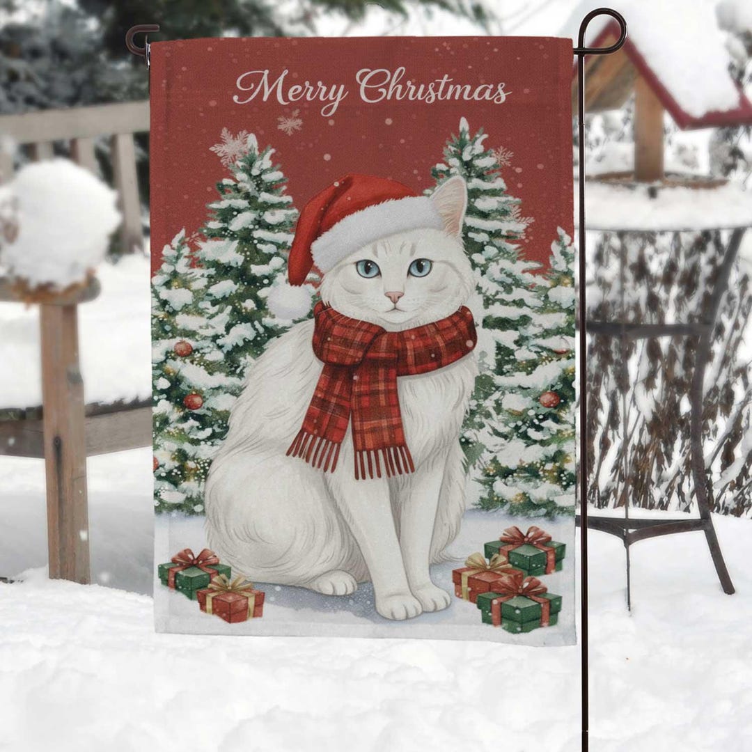 Turkish Angora Cat Christmas Flag, Merry Christmas White Cat Front Yard ...