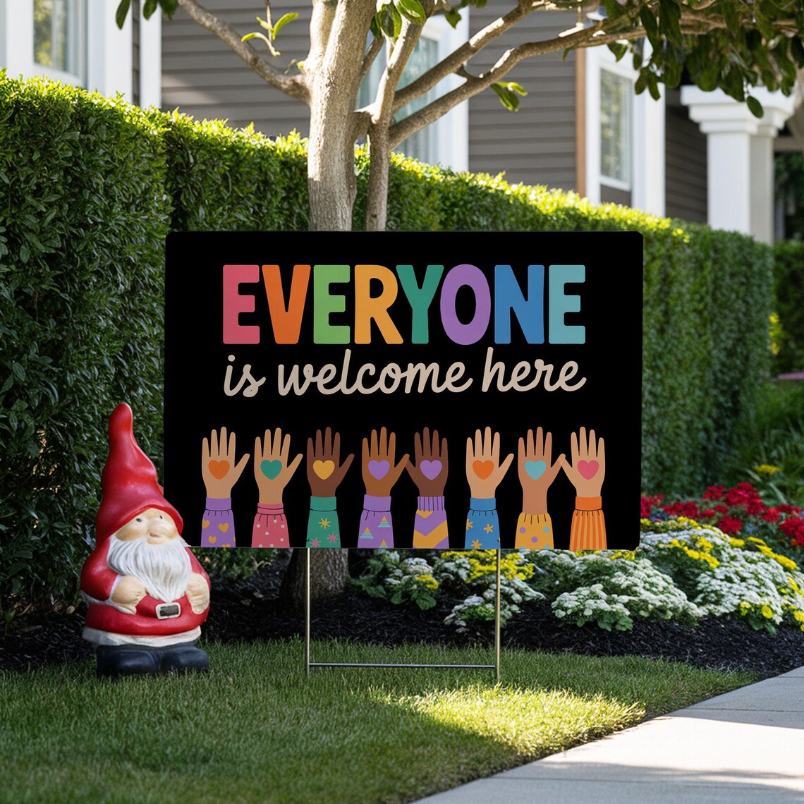 Everyone is Welcome Here Yard Sign, Unity Hands and Rainbow Banner ...