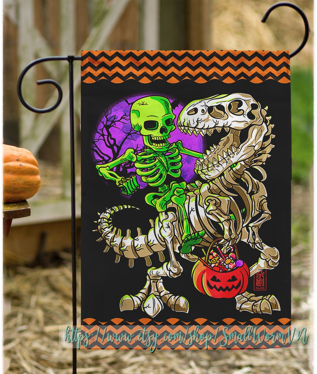 Green Skeleton T-rex Halloween Flag, Pumpkin Dinosaur T-rex Halloween ...
