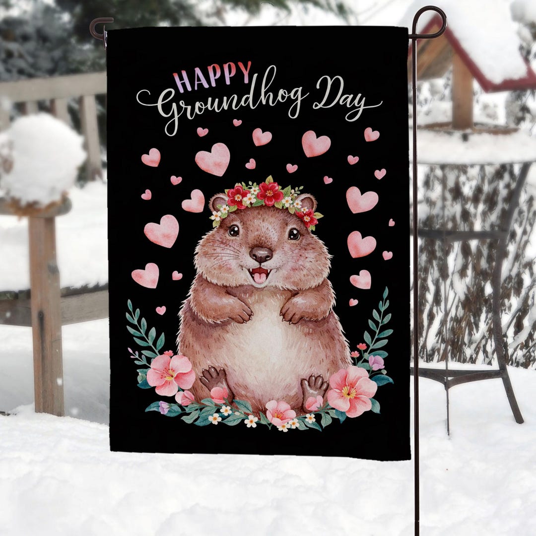 Floral Groundhog Day Flag, Happy Groundhog Day Hearts & Flowers Yard ...