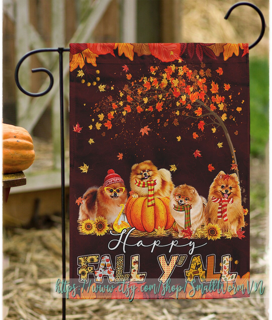 Pomeranian Hello Fall Flag, Autumn Fall Pumpkin Maple Leaves Pomeranian ...