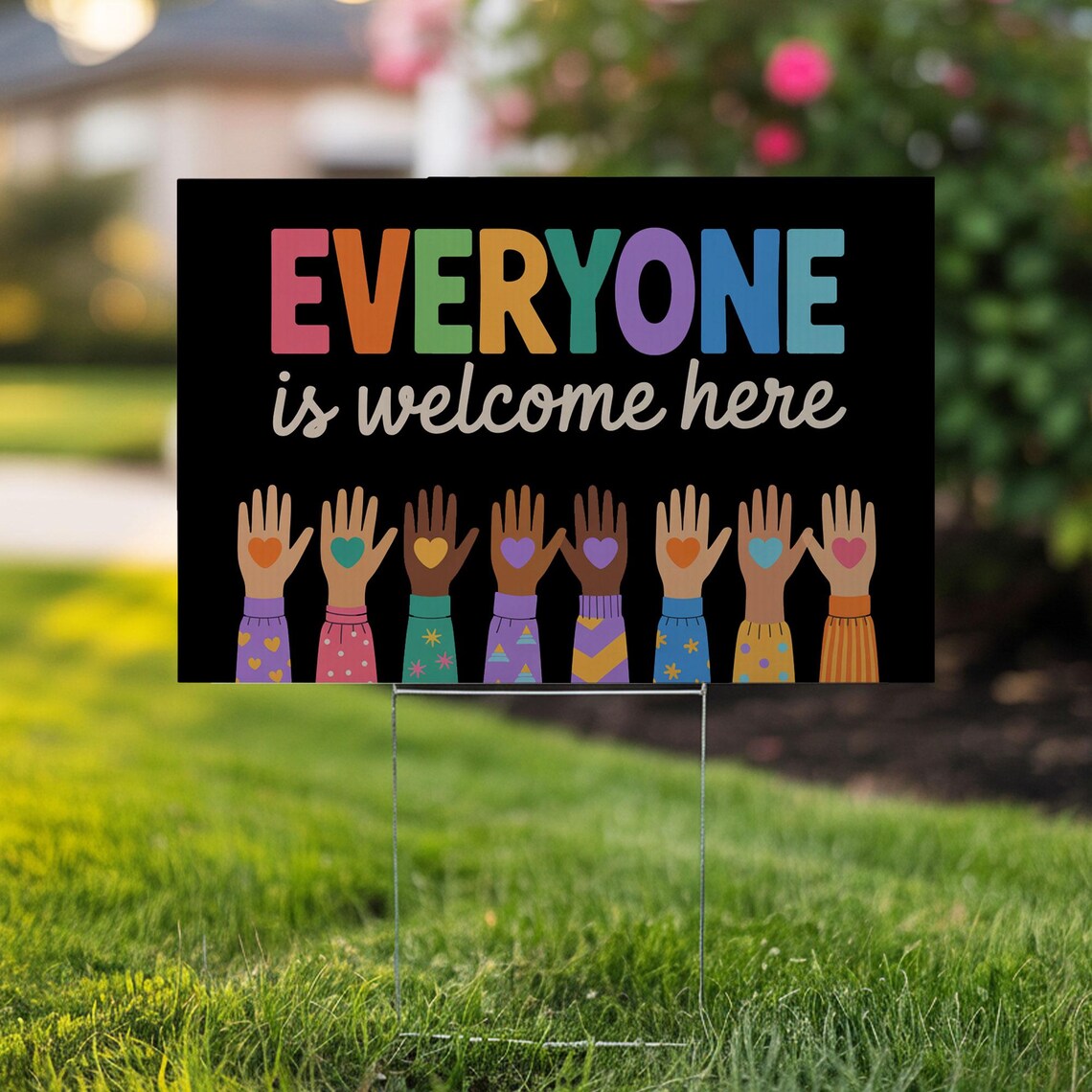 Everyone is Welcome Here Yard Sign, Unity Hands and Rainbow Banner ...