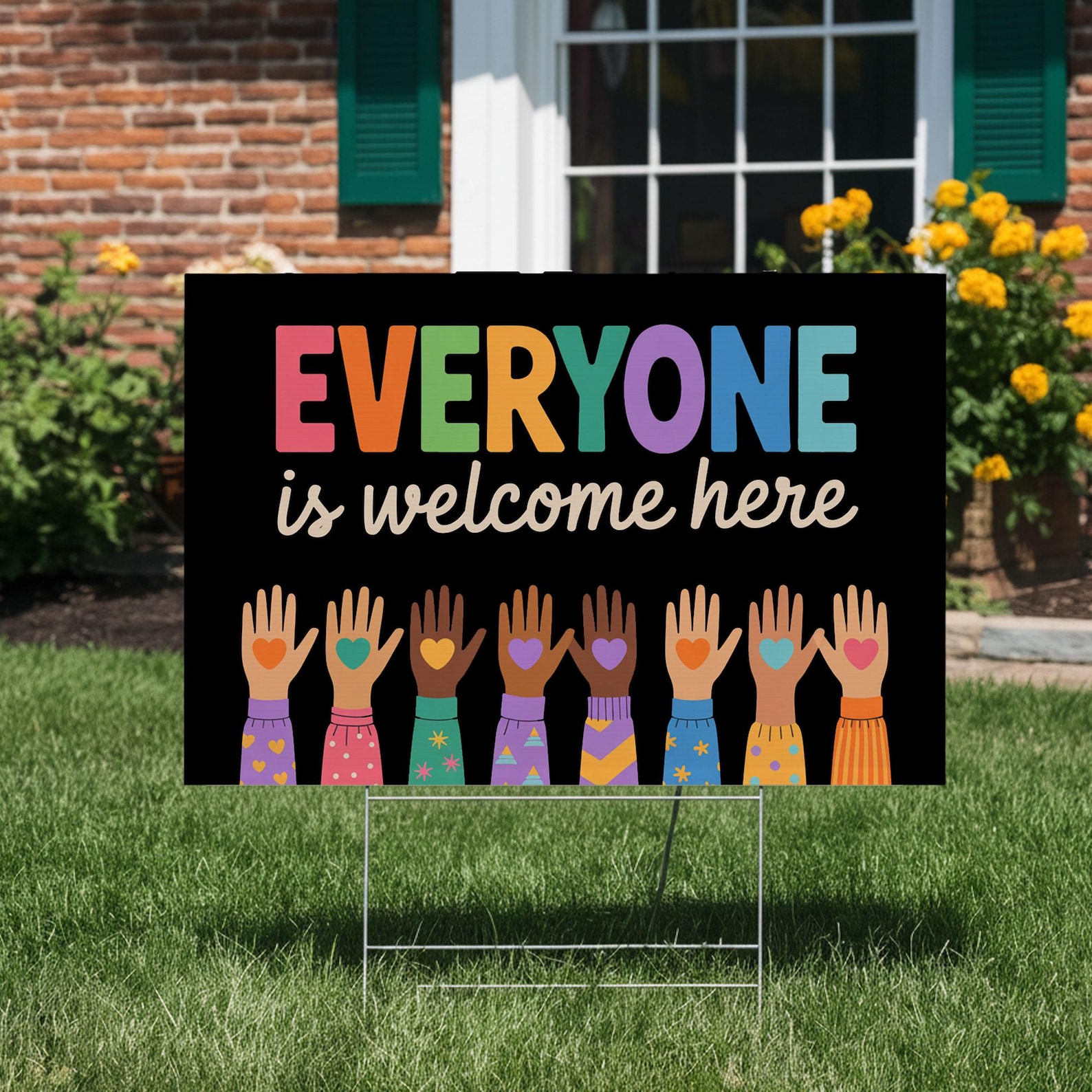 Everyone is Welcome Here Yard Sign, Unity Hands and Rainbow Banner ...