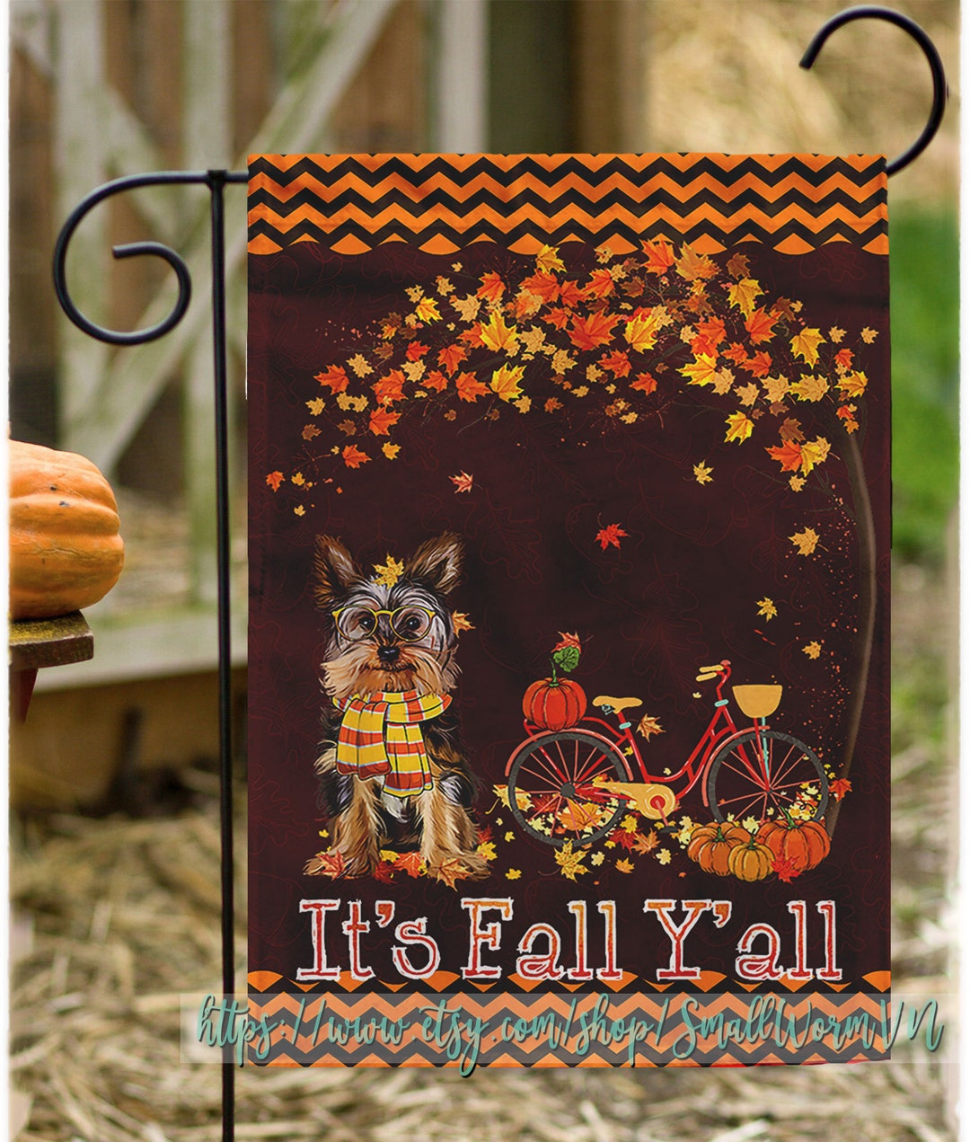 Happy Fall Yorkshire Terrier Flag, Autumn Fall Pumpkin Maple Leaves ...