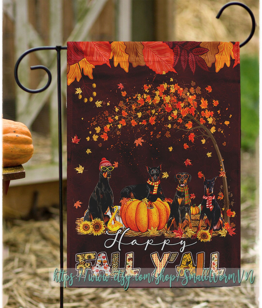 Doberman Dog Happy Fall Flag, Autumn Fall Pumpkin Maple Leaves Doberman ...