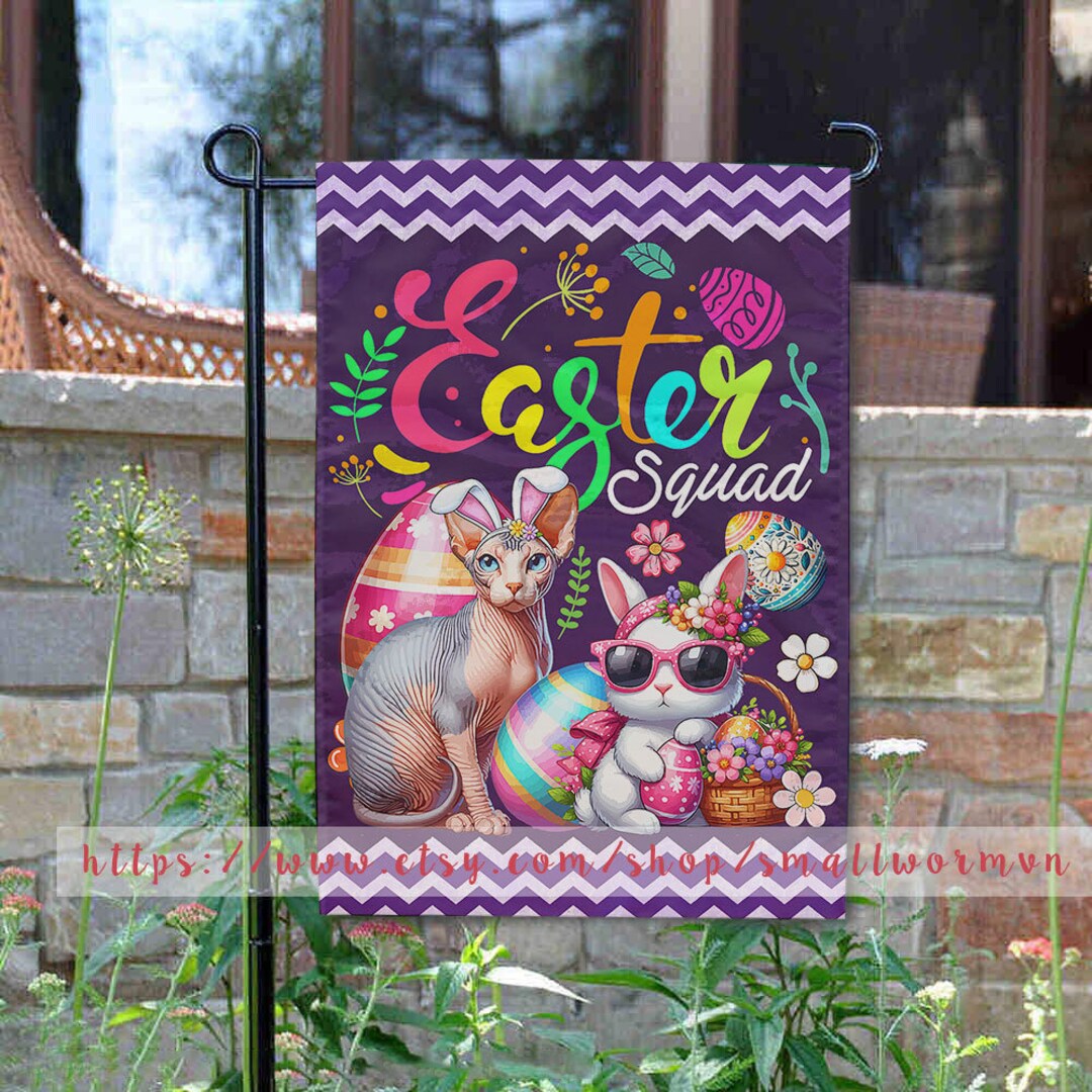 Easter Squad Cute Bunny Sphynx Cats Flag, Hunting Eggs Garden Flag ...