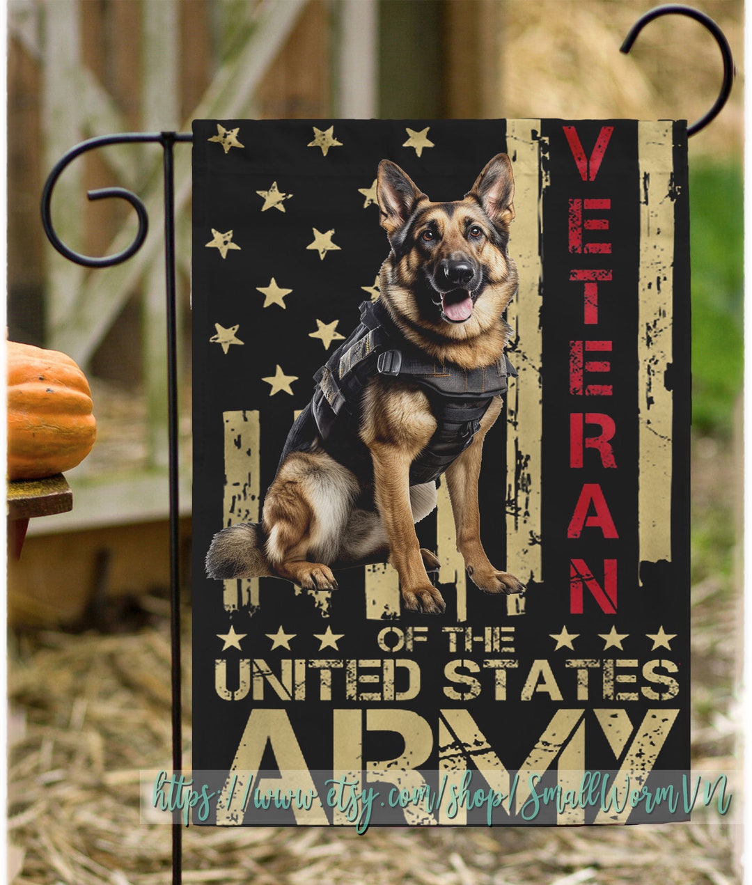 German Shepherd US Army Flag, Patriotic U.S Army Veteran Red Line ...