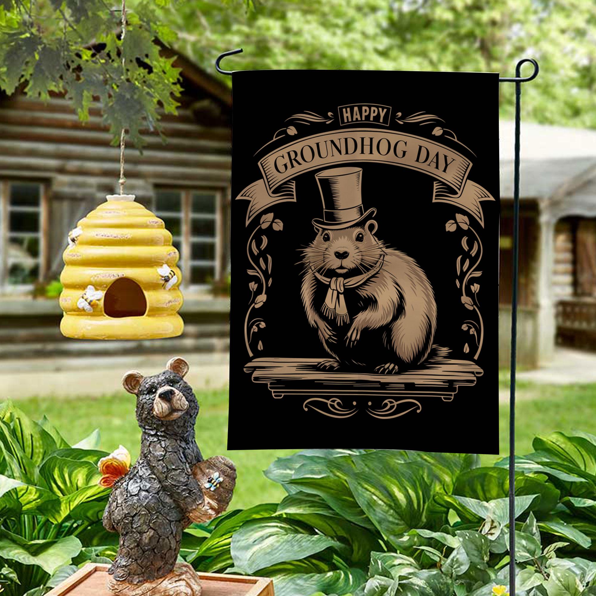 Happy Groundhog Day Flag, Vintage Groundhog With Top Hat Outdoor Decor ...