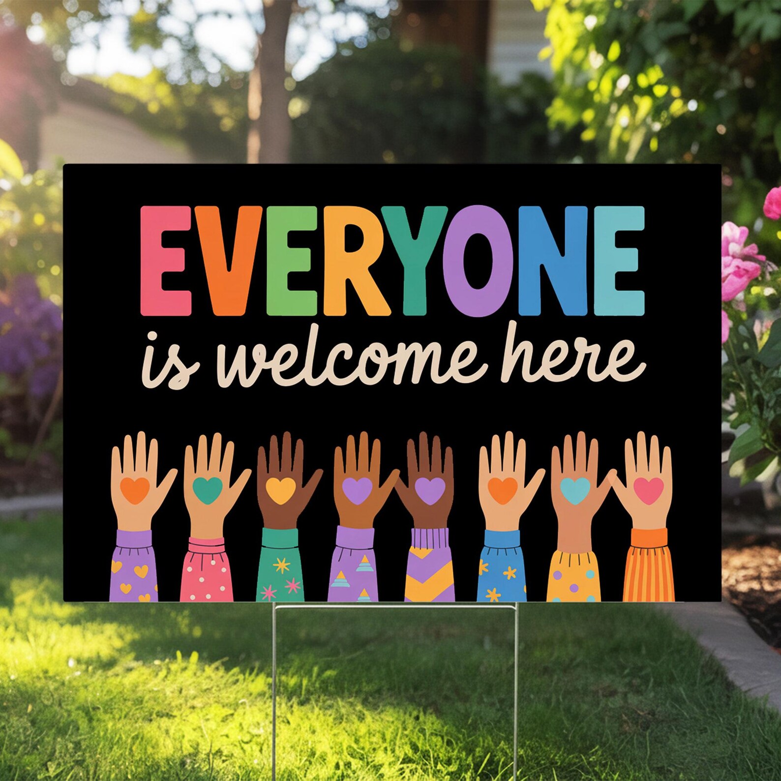 Everyone is Welcome Here Yard Sign, Unity Hands and Rainbow Banner ...