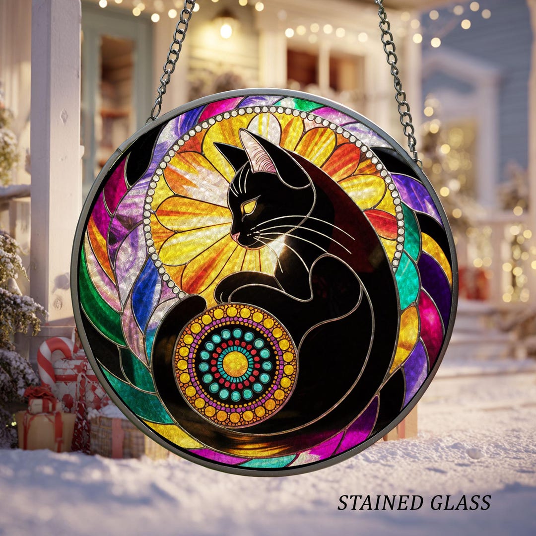 Black Cat Glass Suncatcher, Black Cat Wall Art, Black Cat Stained Glass ...