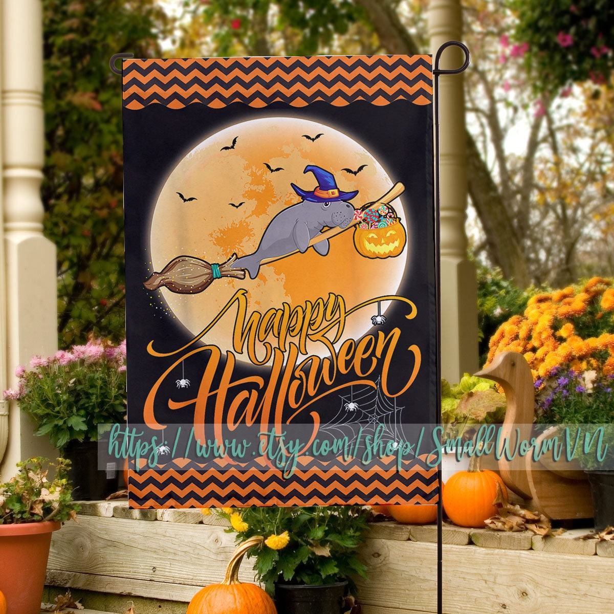 Manatee Halloween Flag, Manatee Ride Witch Shotgun Funny Manatee ...