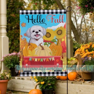 Maltese Seasonal Flag, Farmhouse Garden Flag, Fall Dog DOUBLE SIDED ...