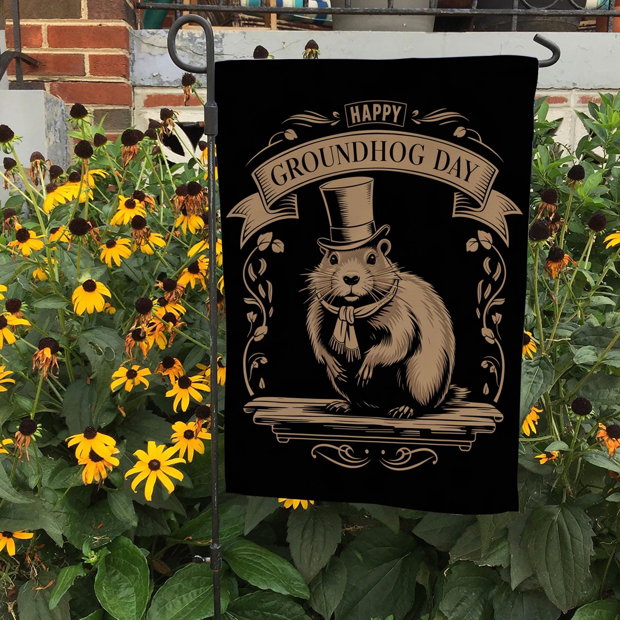 Happy Groundhog Day Flag, Vintage Groundhog With Top Hat Outdoor Decor ...