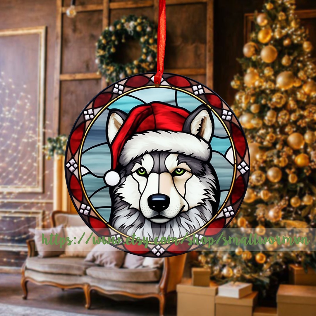 Siberian Husky Stained Glass Ornament, Dog Wearing Santa Hat Ornament ...