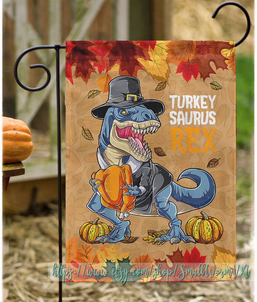 Funny Dinosaur Thanksgiving Flag, Turkey Saurus Rex Flag, T-rex Outdoor ...