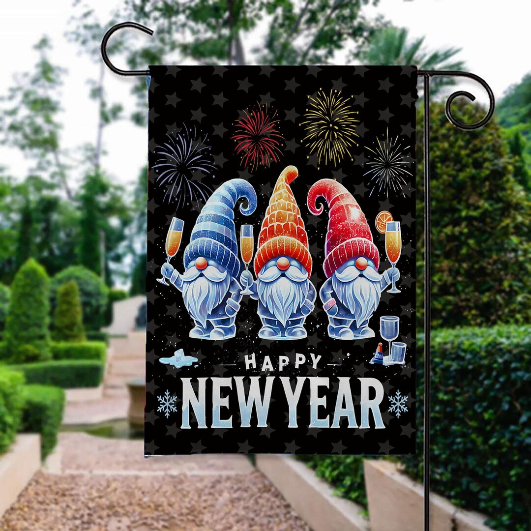 Happy New Year 2025 Gnomes Flag, Cheers to the New Year Garden Flag ...