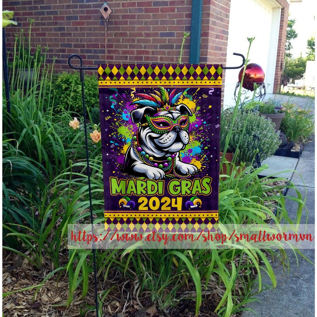 Bulldog Fat Tuesday Flag, Mardi Gras 2024 With Beads Mask Colorful ...
