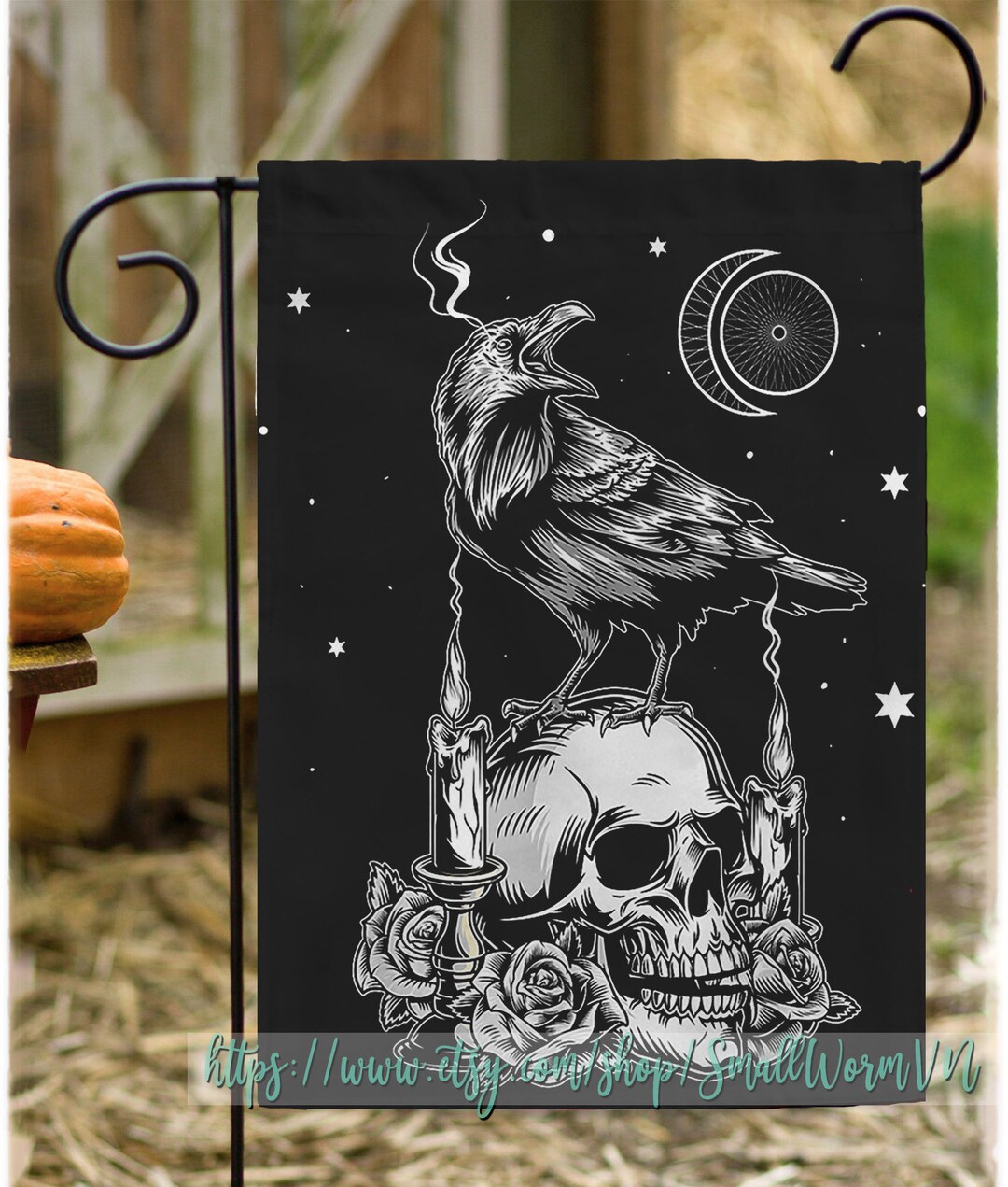 Black Crow Raven Skull Flag, Crow Viking Norse Occult Gothic, Halloween ...