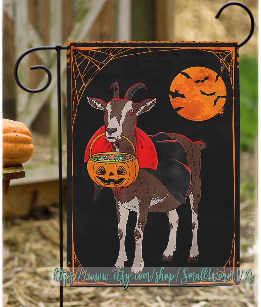Goat Vampire Funny Halloween Farmer, Welcome Fall Garden Flag, Goat ...